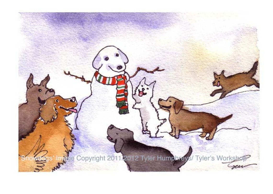 Dog Christmas Card – Snowdog Snowman Art Scene – Watercolor Winter ...
