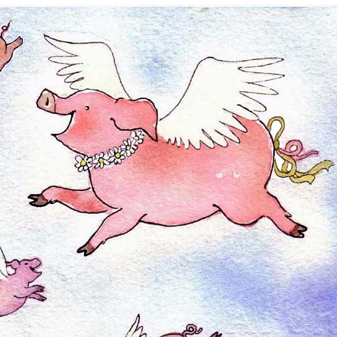 Pig Greeting Card- Funny Flying Pig Watercolor Painting Illustration ...