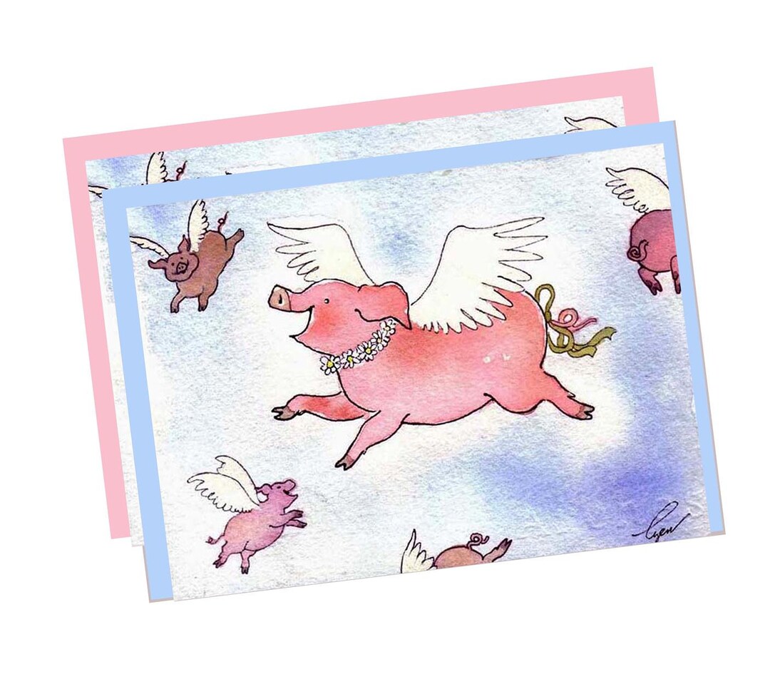 Pig Greeting Card- Funny Flying Pig Watercolor Painting Illustration ...
