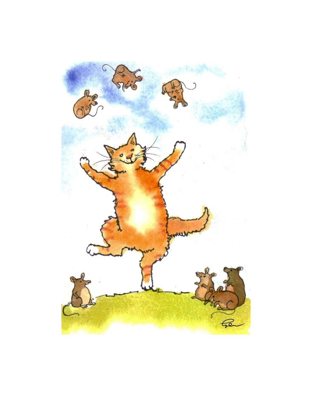 Funny Cat Juggling Mice - Watercolor Art Greeting Card (4x6) - Etsy