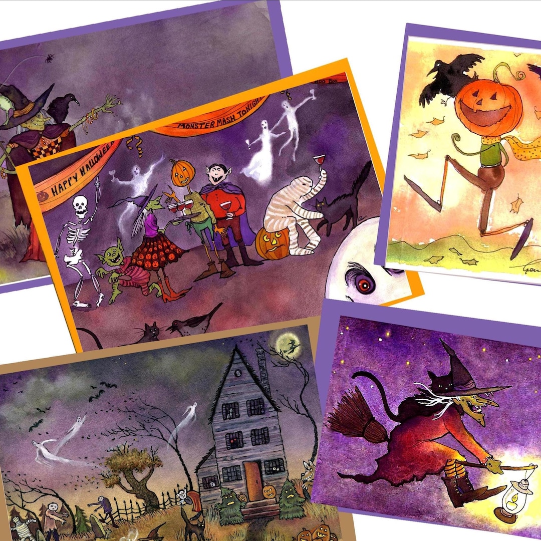 Halloween Card Set: Spooky Witches, Haunted House, Black Cat ...