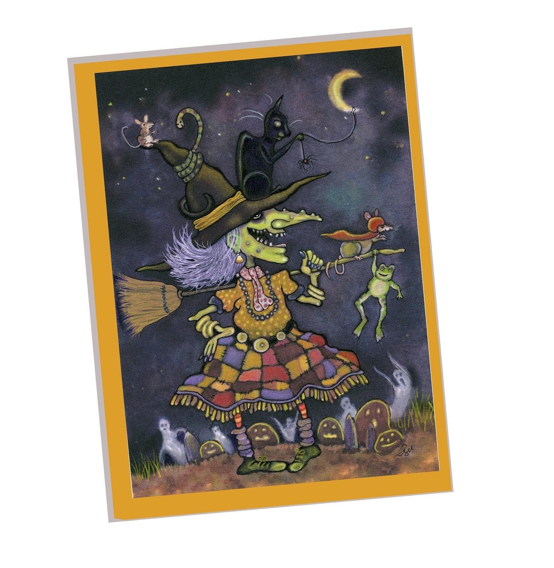 Halloween Card - Witch Halloween Greeting Card - Pumpkins Black Cat ...