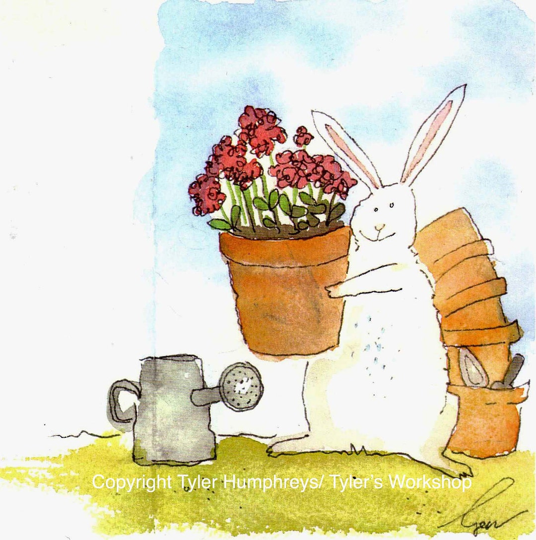 Bunny Rabbit Greeting Card Flower Garden Red Geraniums Watercolor ...