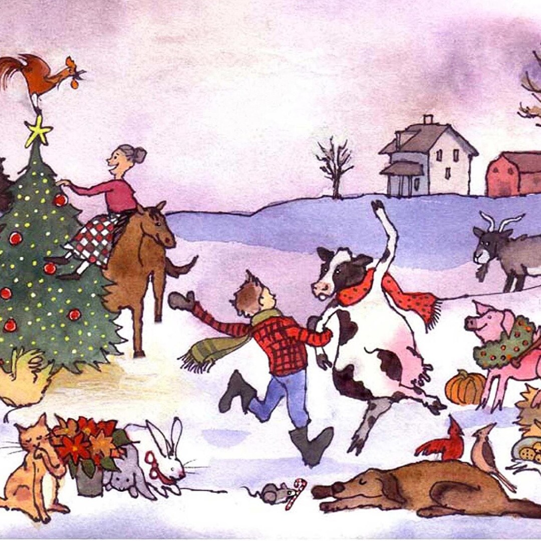 Farm Animals Rural Christmas Card: Watercolor Country Holiday Greeting ...