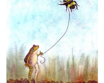 Frog and Bee Whimsical Watercolor Greeting Card - Etsy