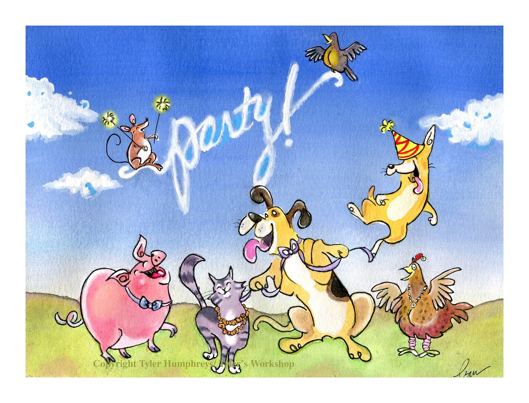 Funny Animals Pets Birthday Card, Congratulations Card, Watercolor ...