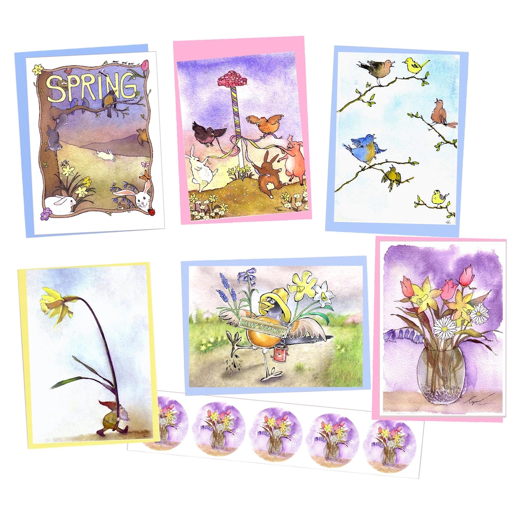 Spring Card Set (6) With Stickers – Whimsical Watercolor Floral ...