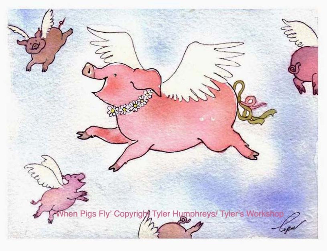 Pig Greeting Card Funny Flying Pig Watercolor Painting - Etsy