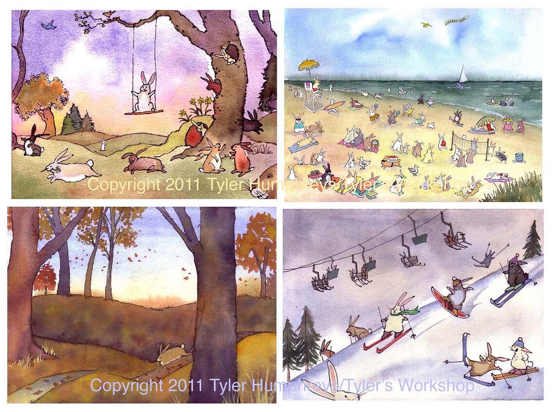 Funny Bunny Rabbit Cards Set of 4 Seasons Greeting Cards 10 % | Etsy