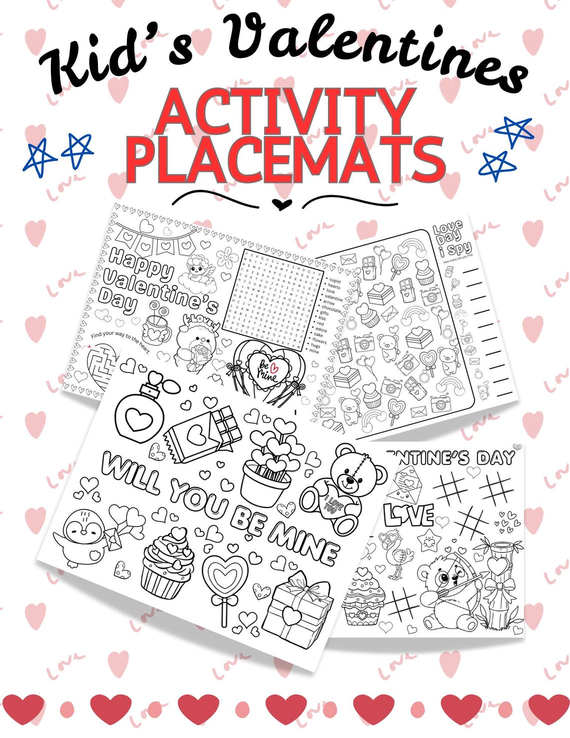 4 Cute and Printable Kids Valentine's Day Activity Placemats - Etsy