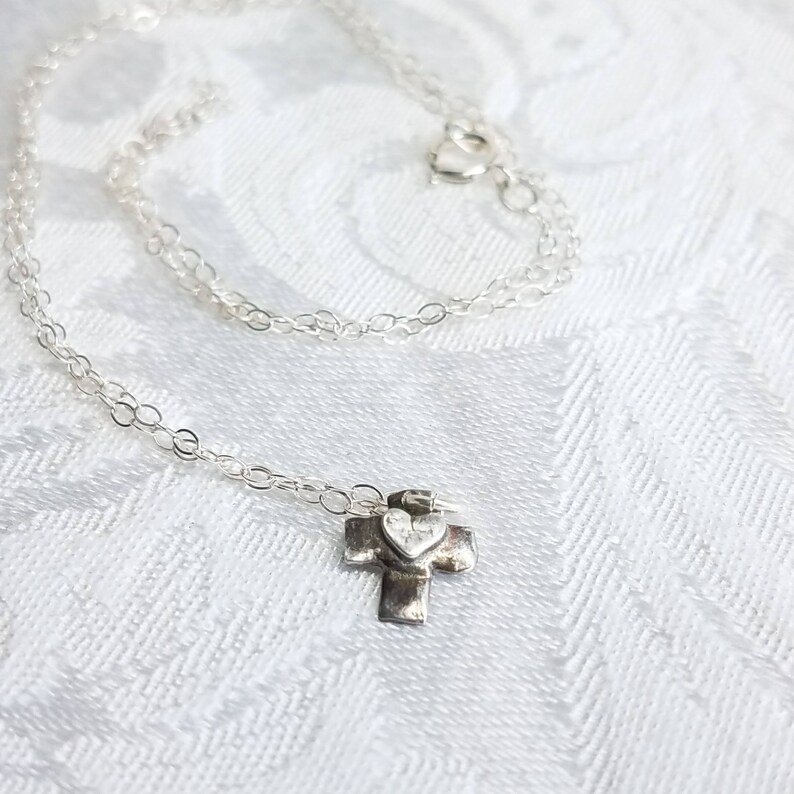 Tiny Fine Silver Cross With Heart Necklace Dainty Pmc Cross | Etsy