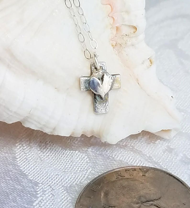Tiny Fine Silver Cross With Heart Necklace Dainty Pmc Cross | Etsy