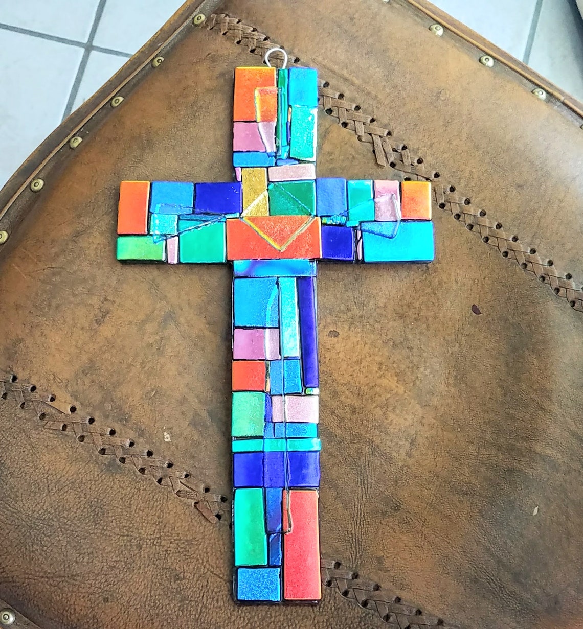 Made to Order Large Dichroic Glass Cross Wall Hanging Multi Color Blue ...