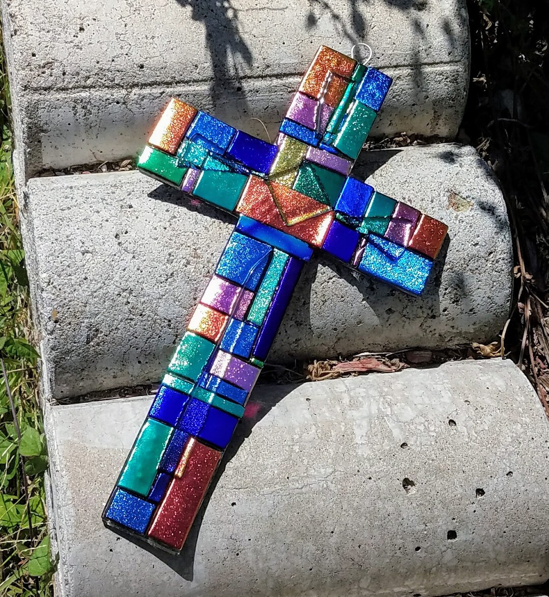 Made to Order Large Dichroic Glass Cross Wall Hanging Multi Color Blue ...