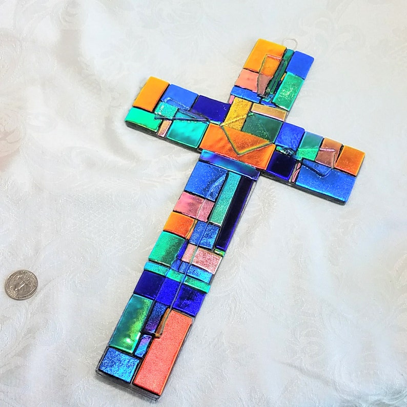 Made to Order Large Dichroic Glass Cross Wall Hanging Multi Color Blue ...