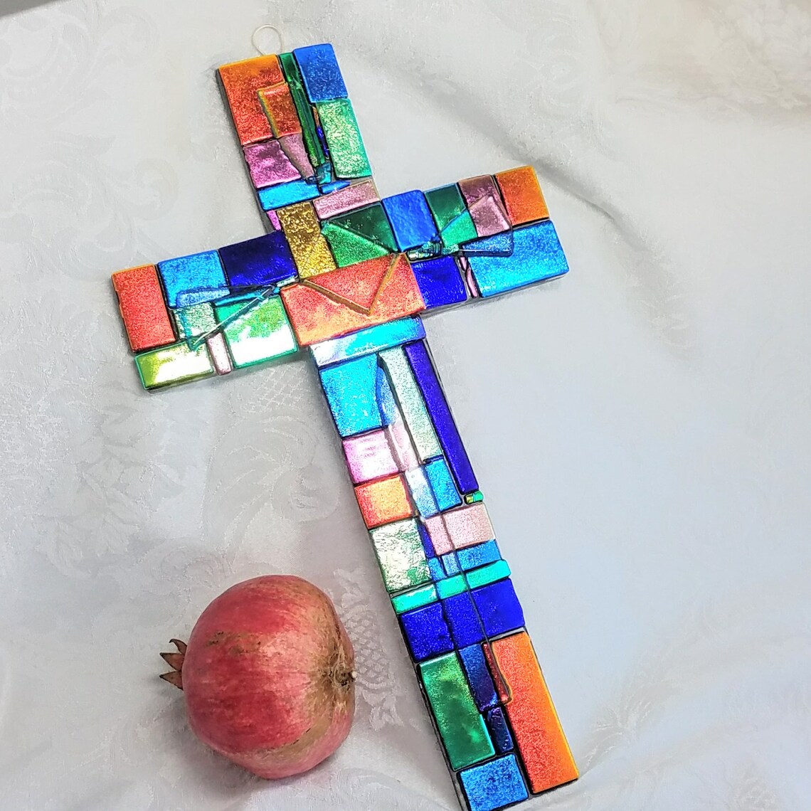 Made to Order Large Dichroic Glass Cross Wall Hanging Multi Color Blue ...
