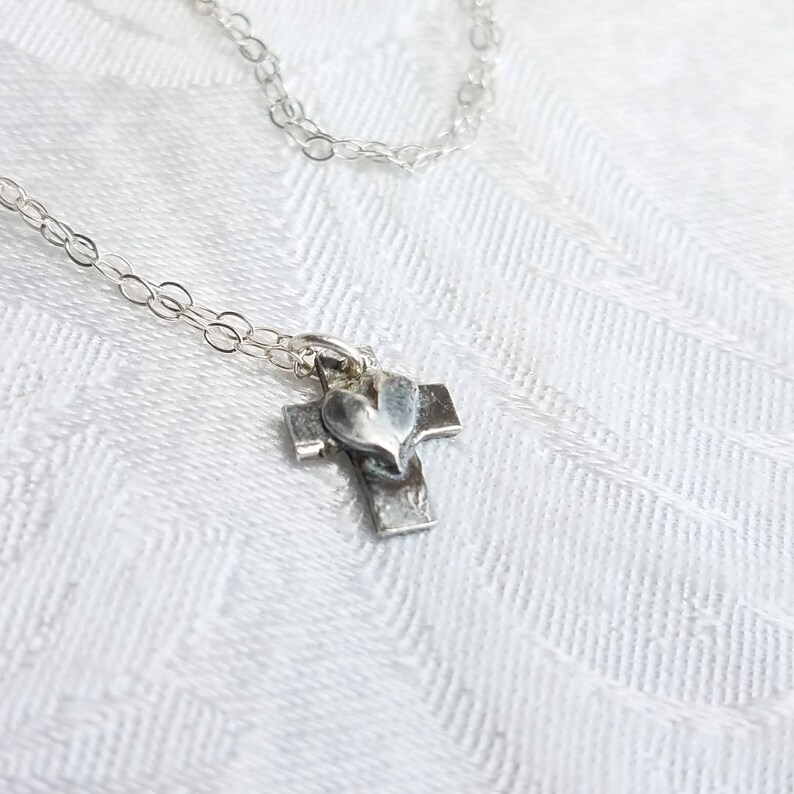 Tiny Fine Silver Cross With Heart Necklace Dainty Pmc Cross | Etsy