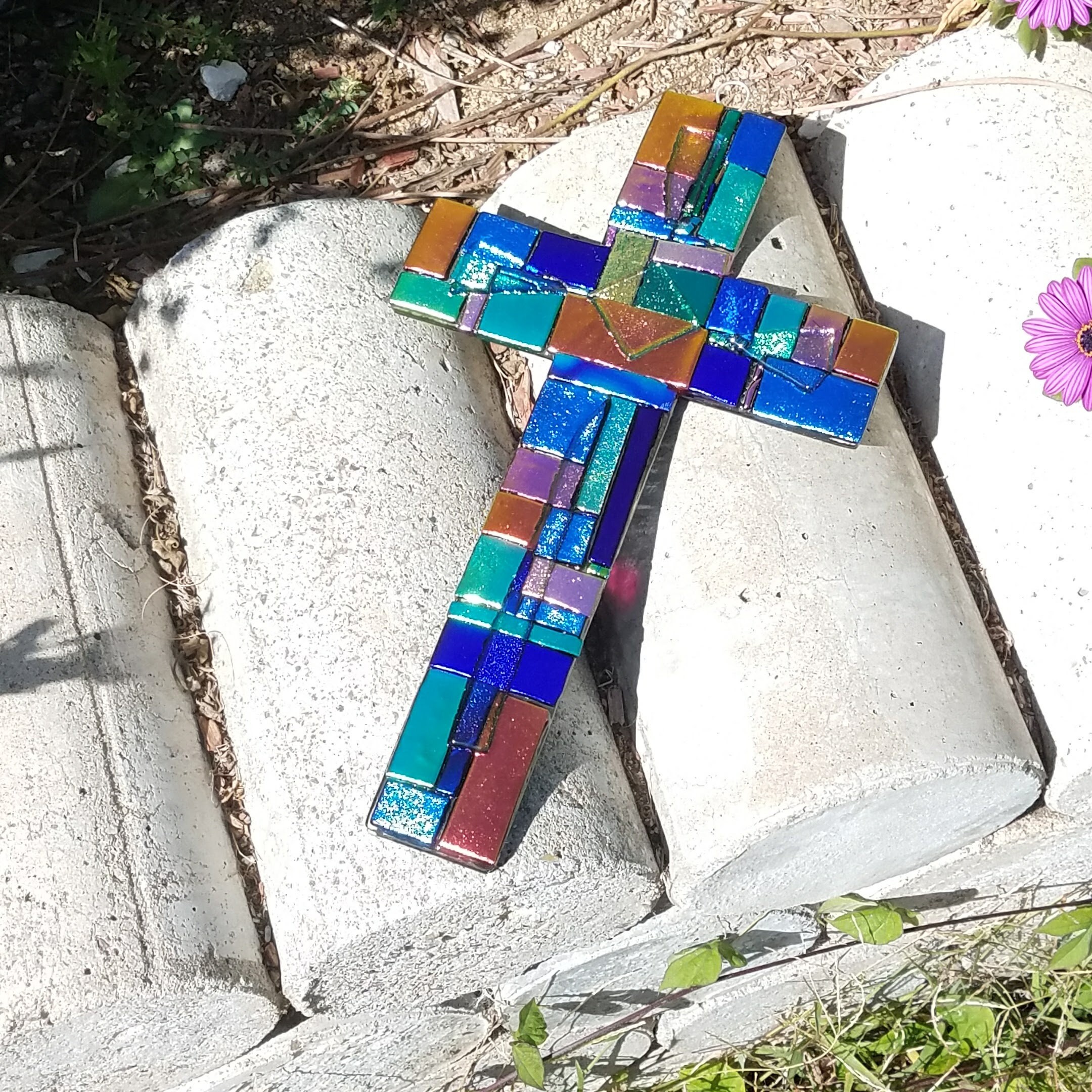 Made to Order Large Dichroic Glass Cross Wall Hanging Multi Color Blue ...