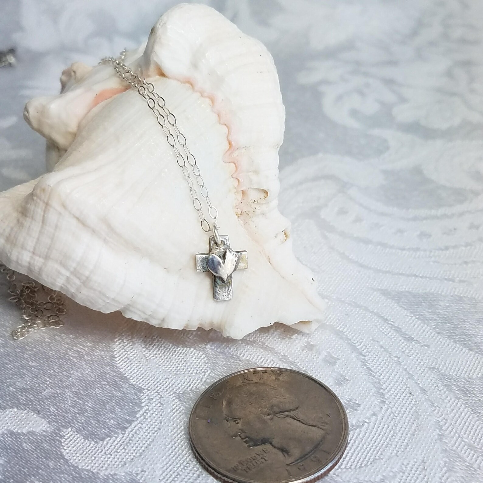 Tiny Fine Silver Cross With Heart Necklace Dainty Pmc Cross | Etsy