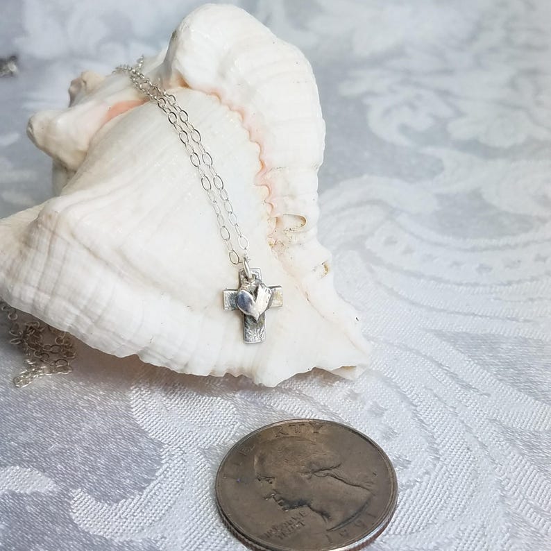 Tiny Fine Silver Cross With Heart Necklace Dainty Pmc Cross | Etsy