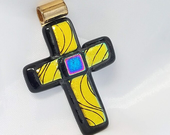 Gold Dichroic Glass Cross Pendant Fused Glass Cross Valentine's Gift ...