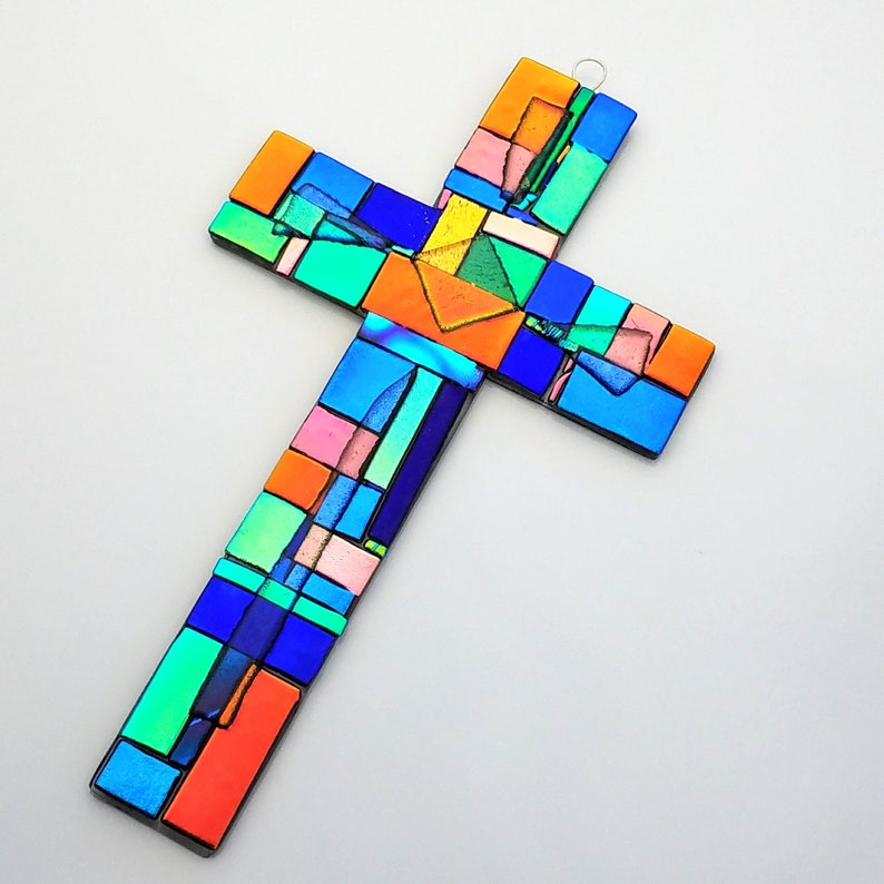 Made to Order Large Dichroic Glass Cross Wall Hanging Multi Color Blue ...