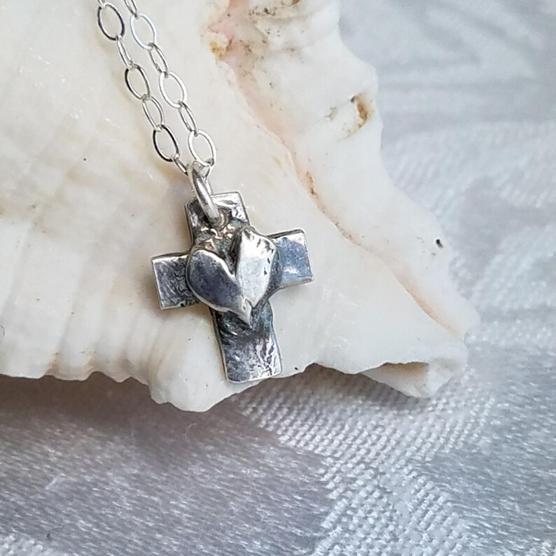 Tiny Fine Silver Cross With Heart Necklace Dainty Pmc Cross | Etsy