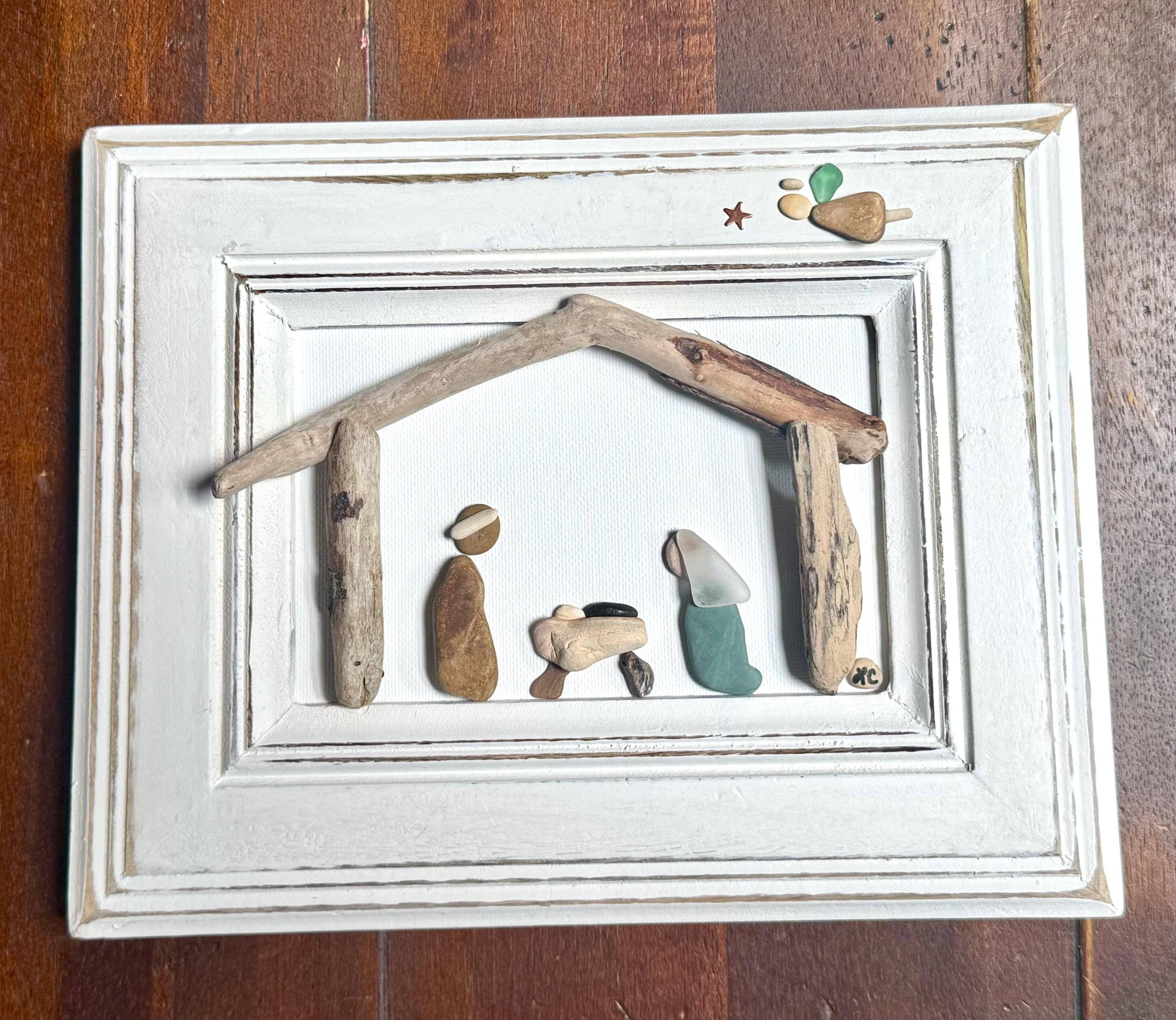 Handmade Driftwood Nativity Scene: Pebble & Sea Glass Art - Rustic ...