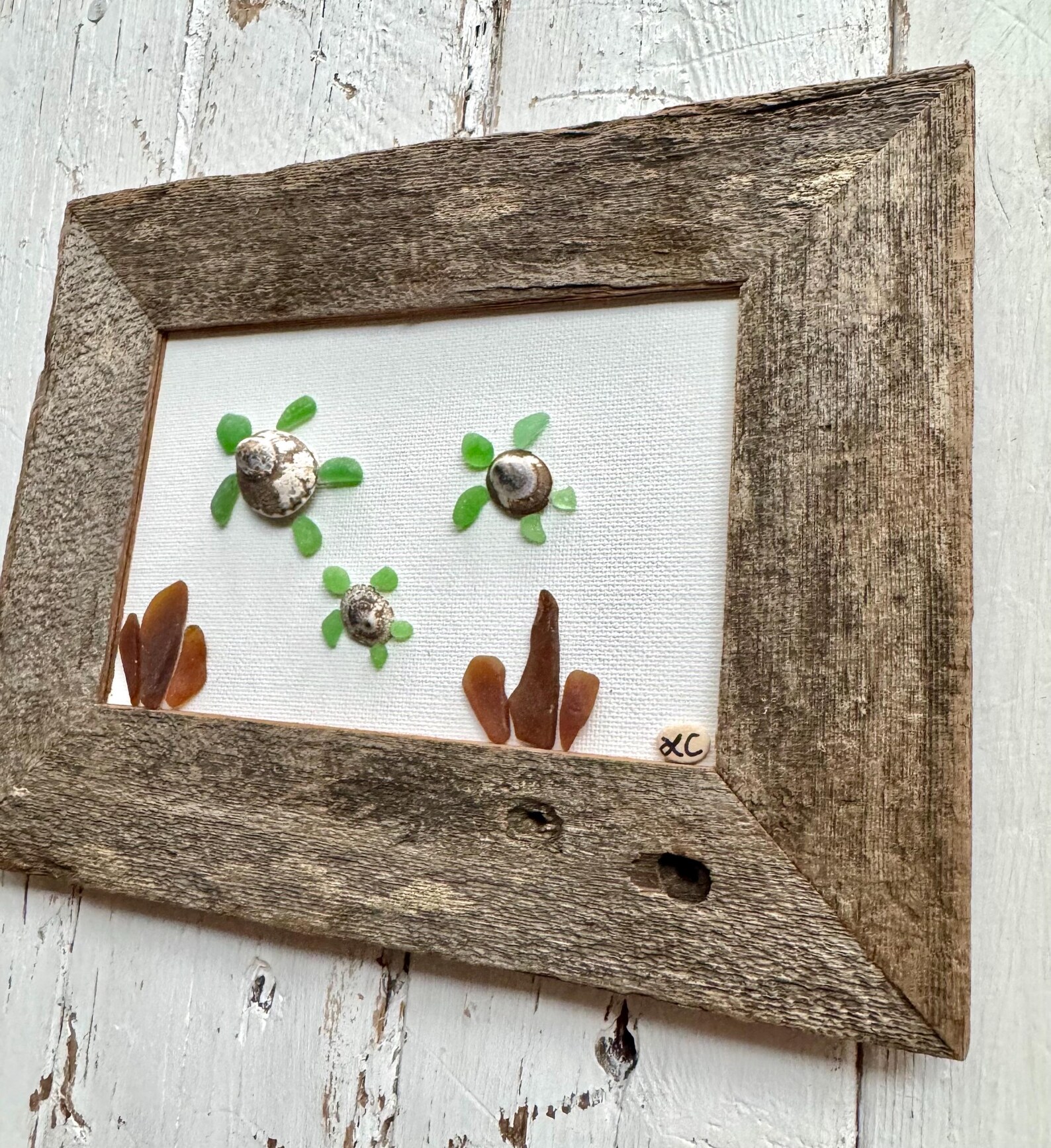 Sea Turtle Trio-4x6 Sea Glass Art in Rustic Wood Frame - Etsy