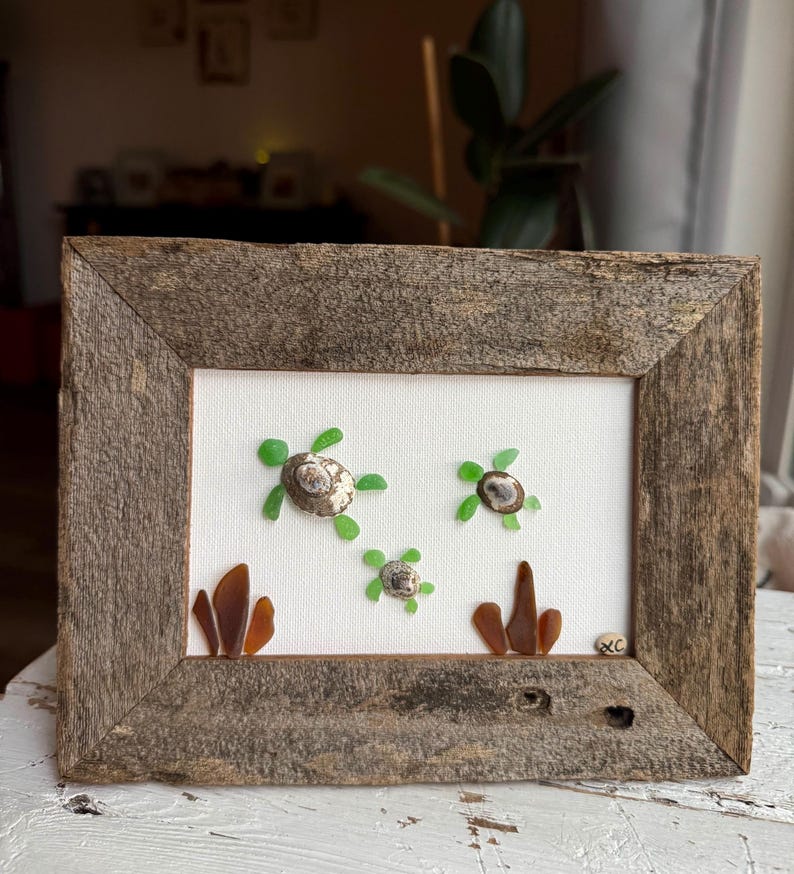 Sea Turtle Trio-4x6 Sea Glass Art in Rustic Wood Frame - Etsy
