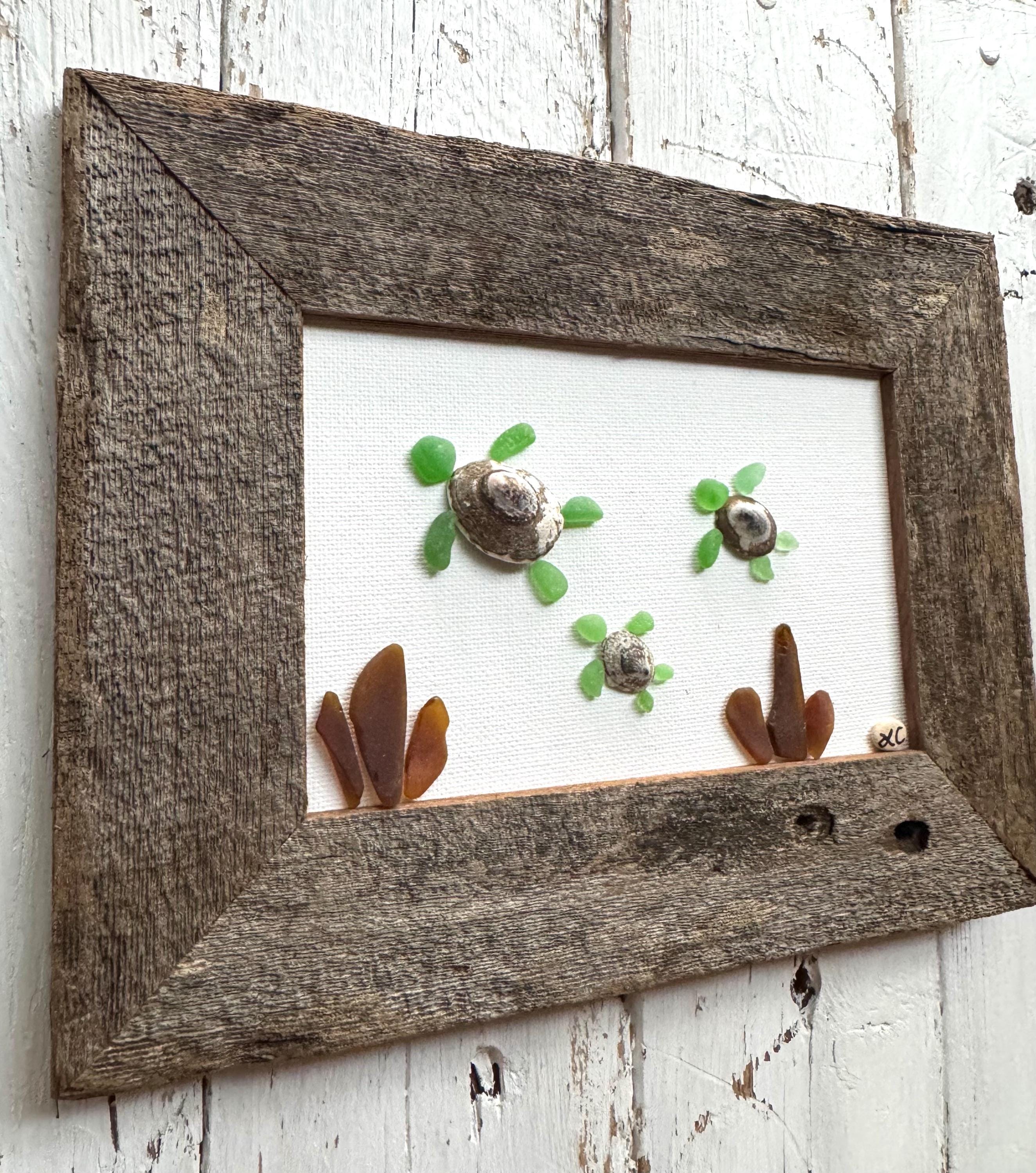 Sea Turtle Trio-4x6 Sea Glass Art in Rustic Wood Frame - Etsy