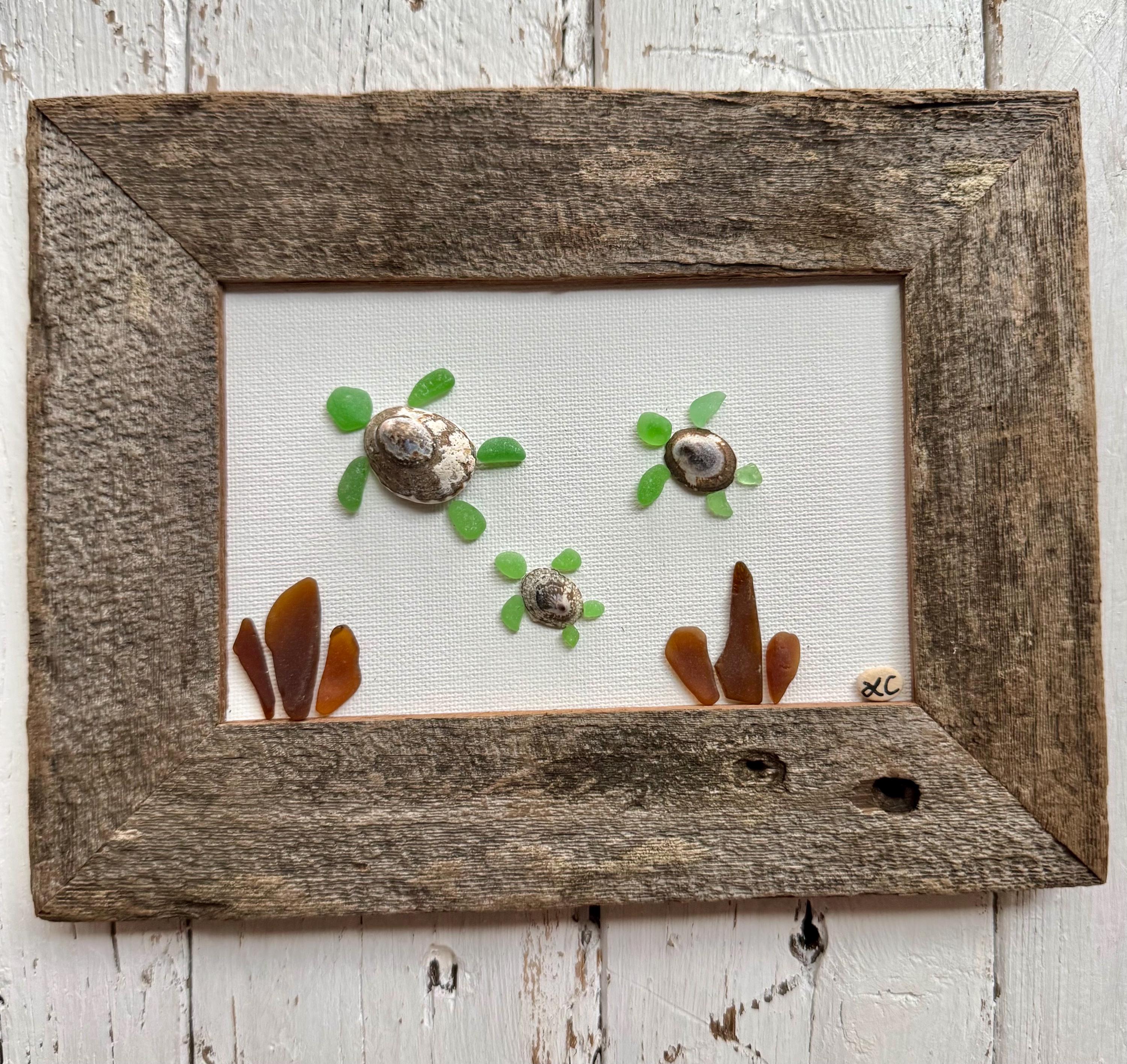 Sea Turtle Trio-4x6 Sea Glass Art in Rustic Wood Frame - Etsy