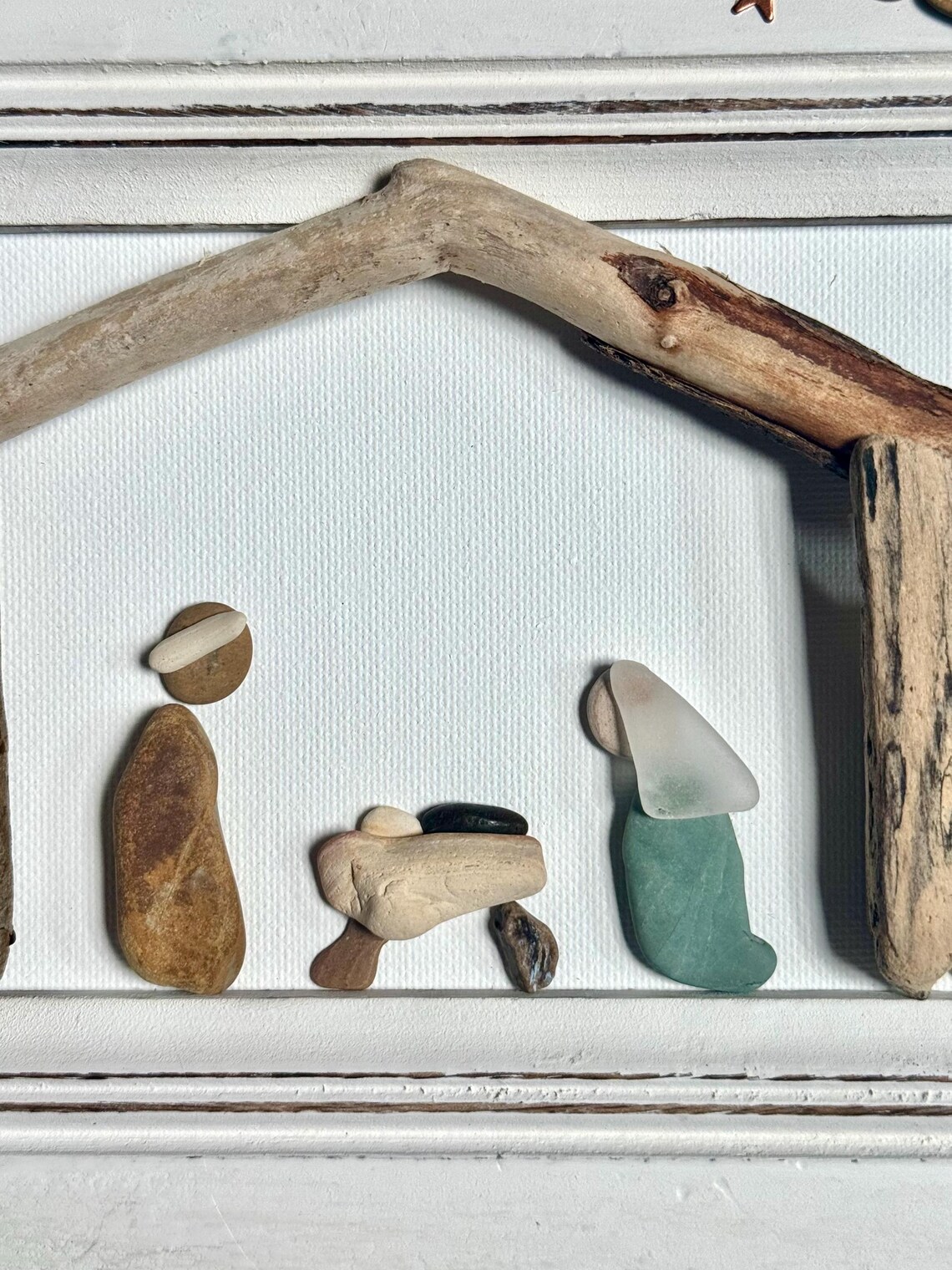 Handmade Driftwood Nativity Scene: Pebble & Sea Glass Art - Rustic ...