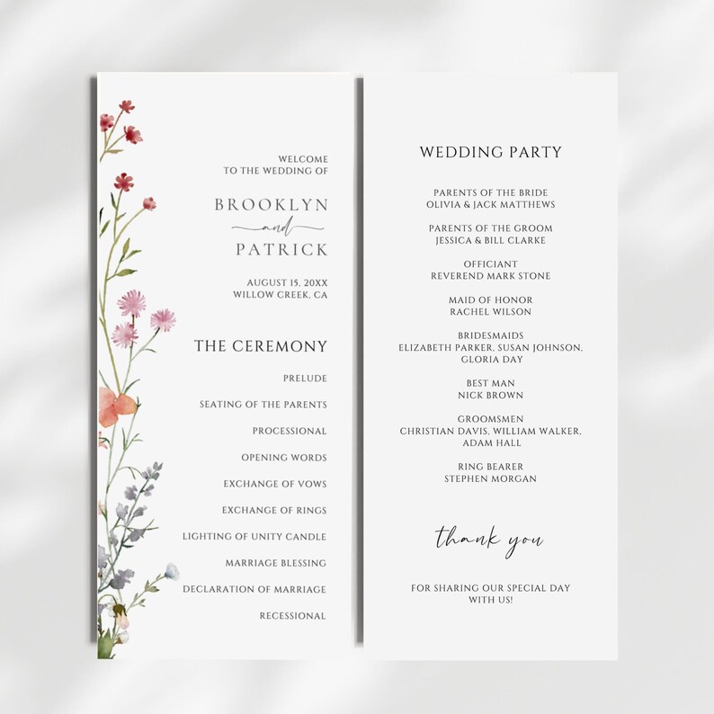Wildflower Wedding Program Template: Boho Floral Order of Service ...