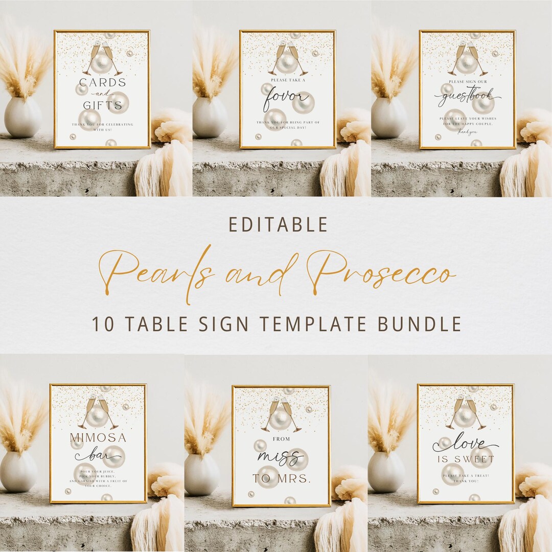 Pearls & Prosecco Bridal Shower Sign Bundle, Elegant Champagne Brunch ...