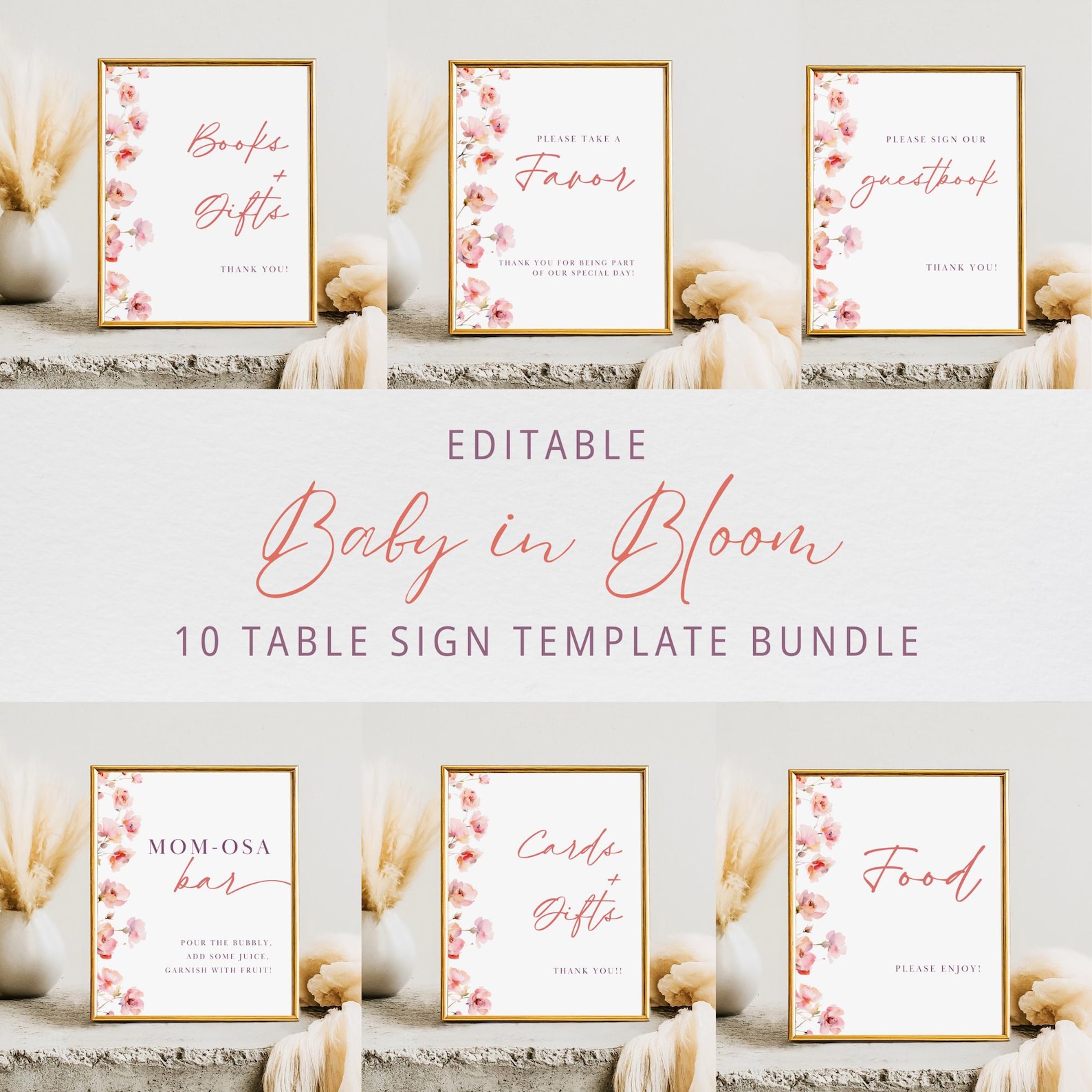 Baby in Bloom Shower Sign Bundle, Editable Blush Pink Floral Baby ...