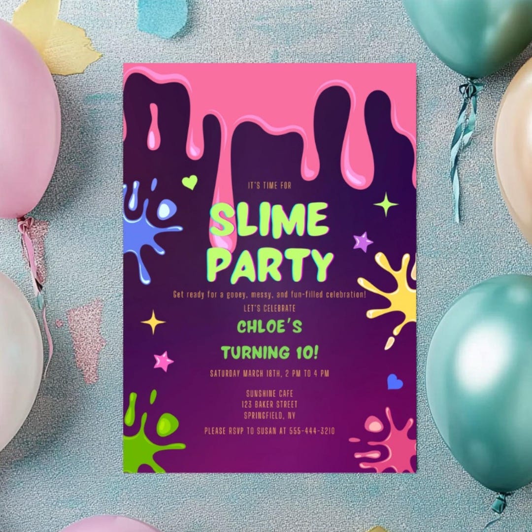 Editable Slime Party Birthday Invitation, Colorful Rainbow Slime Party ...