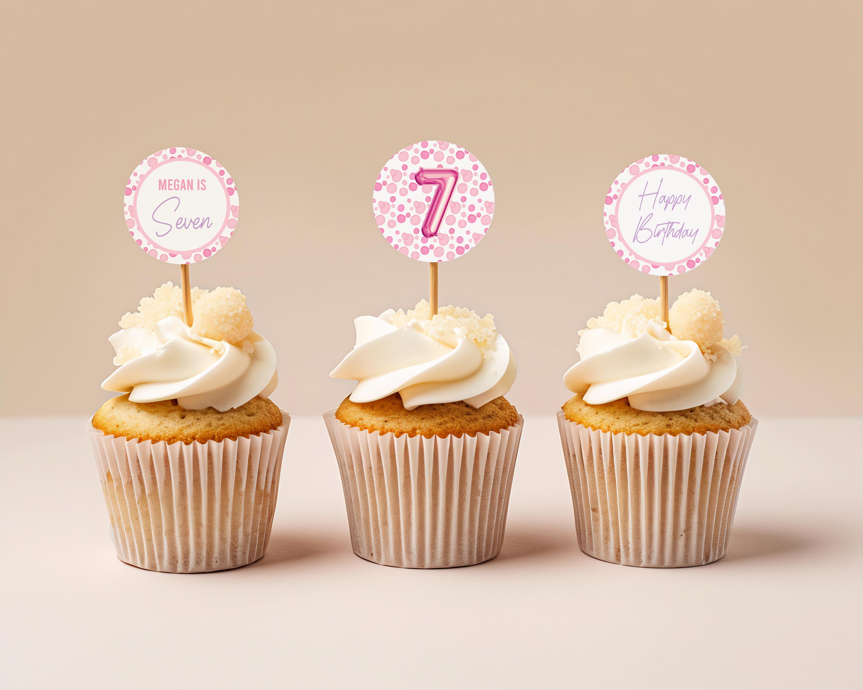 7th Birthday Girls Editable Printable Toppers for Muffin - Editable Hi Seven Toppers Template ...