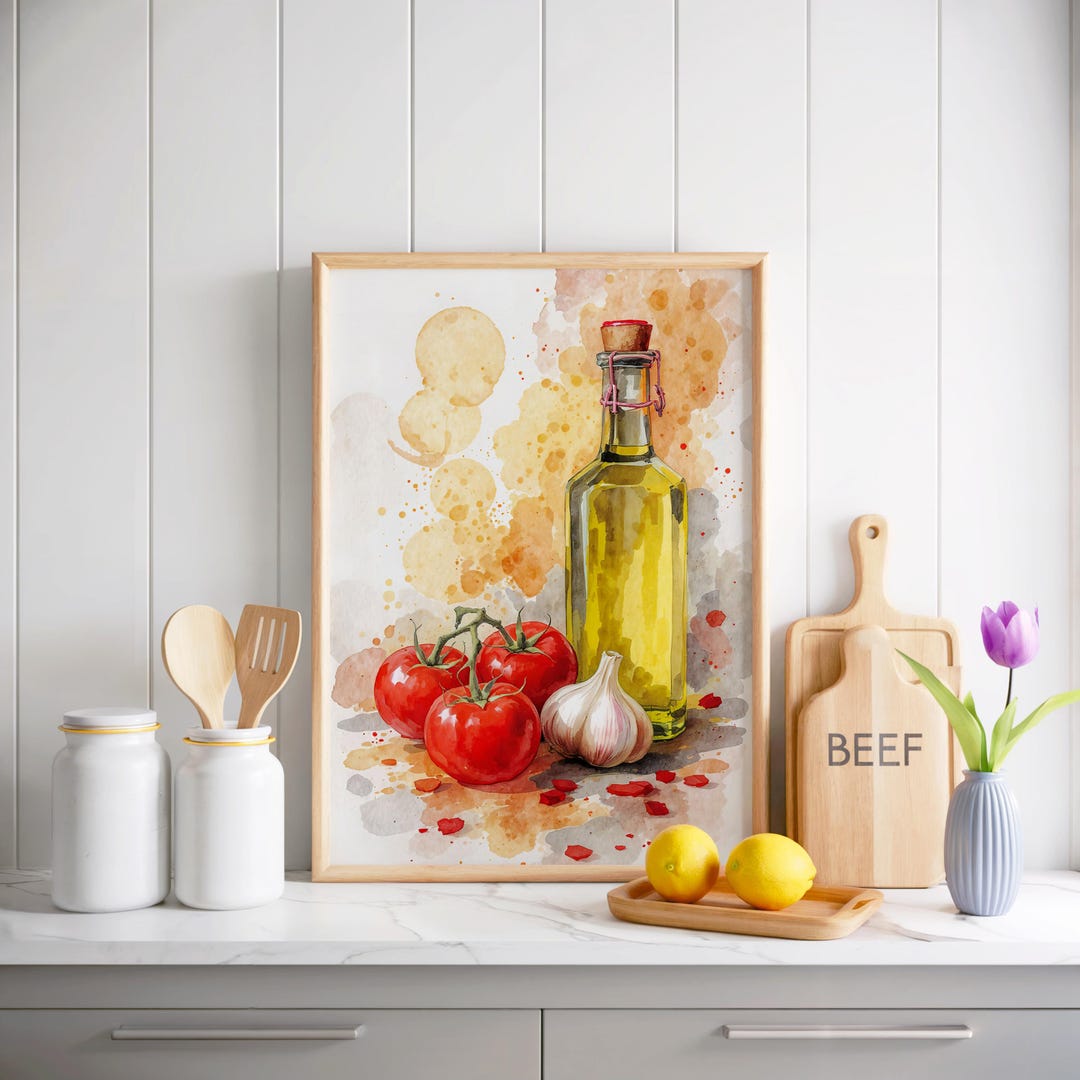 Watercolor Olive Oil Print, Tomato Garlic Art, Farmhouse Kitchen ...