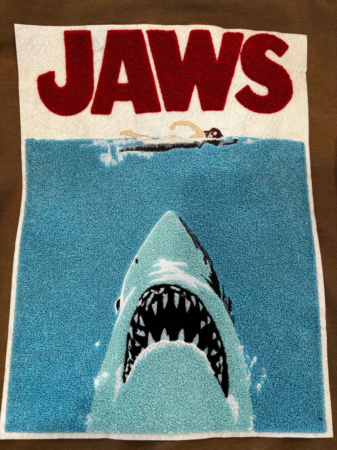 Large JAWS Back Patch Varsity Style Embroidery Jean Jacket, Leather ...