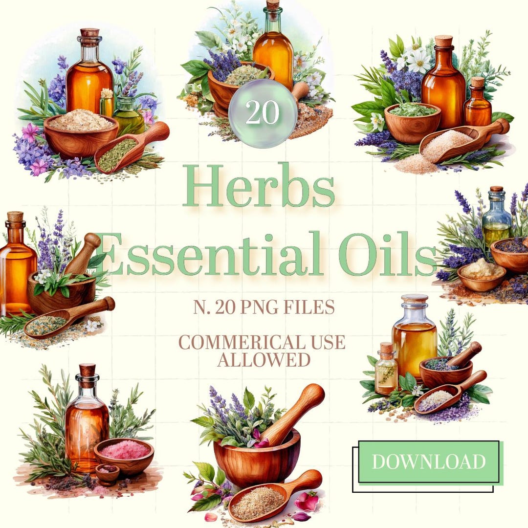 Watercolor Essential Oils & Herbs Clipart - Skincare Clipart Bundle ...
