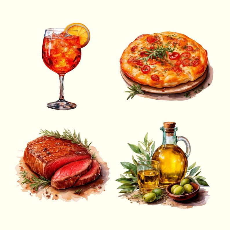 Watercolor Italian Food Clipart: Pizza, Pasta, Spaghetti, Gnocchi ...