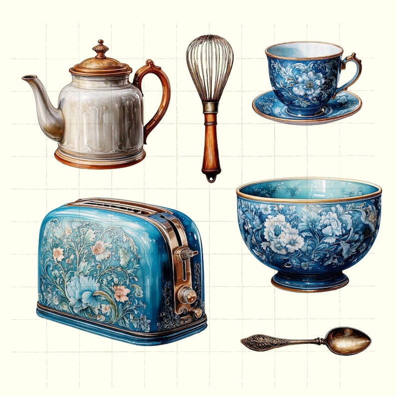 Blue & White Kitchen Clipart | Vintage Cottagecore PNG (digital ...