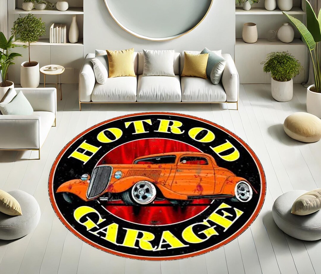 Hot Rod Garage Rug, Car Rug, Decorative Rug,gift Rug, Round Rug, Floor ...