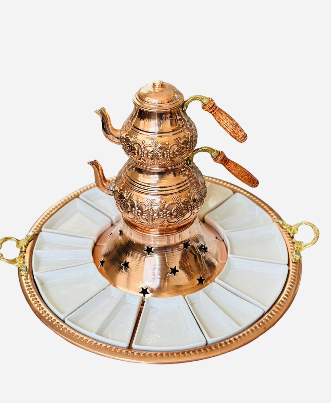 Large Turkish Copper Breakfast Set: Ottoman Tray, Teapot & Ceramic ...