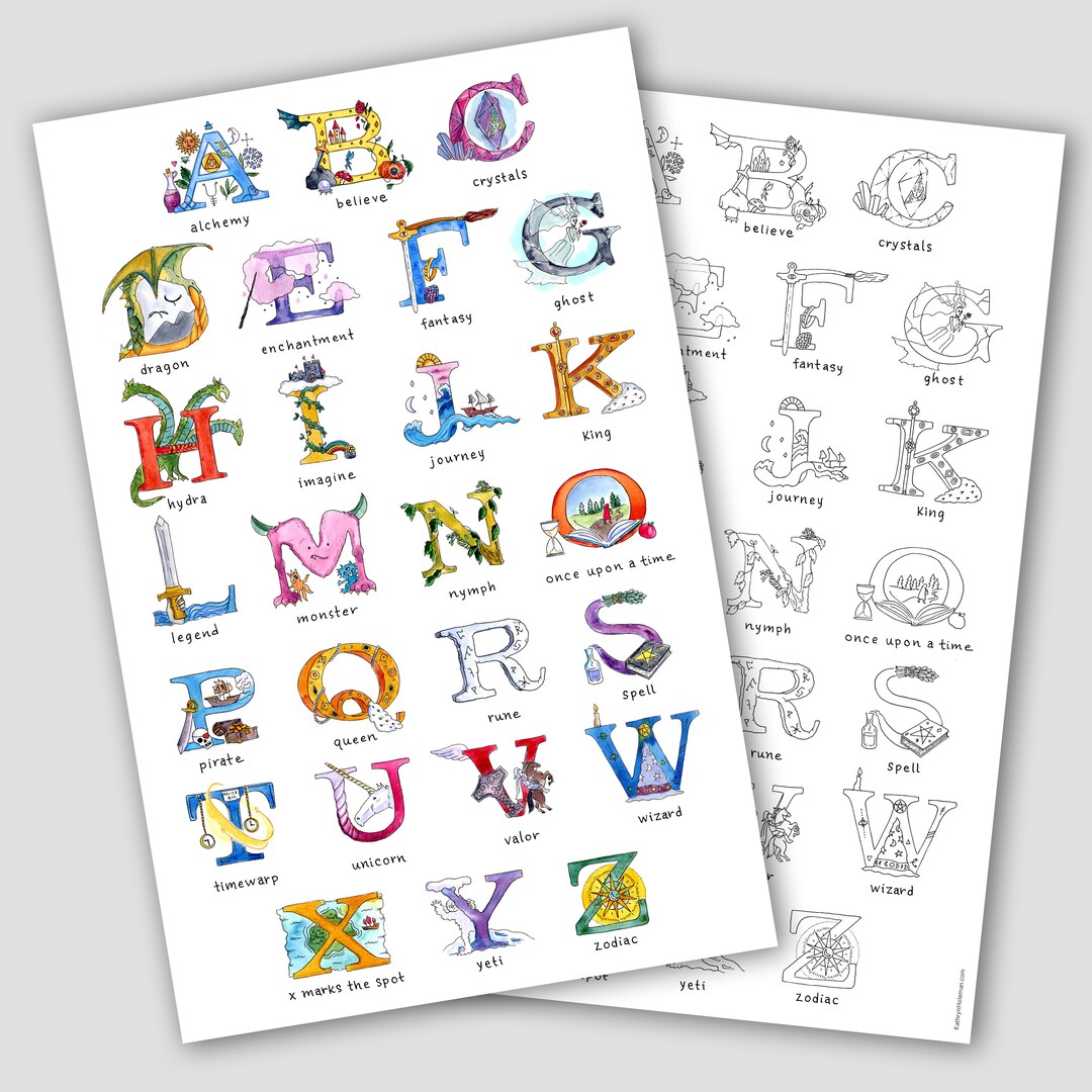 Fantasy Alphabet Poster With Creatures and Magical Symbols for Letters ...
