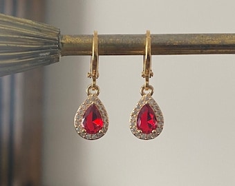 Ruby Red & Crystal Teardrop Teardrop Jewel Huggie Hoop Earrings, 14k ...