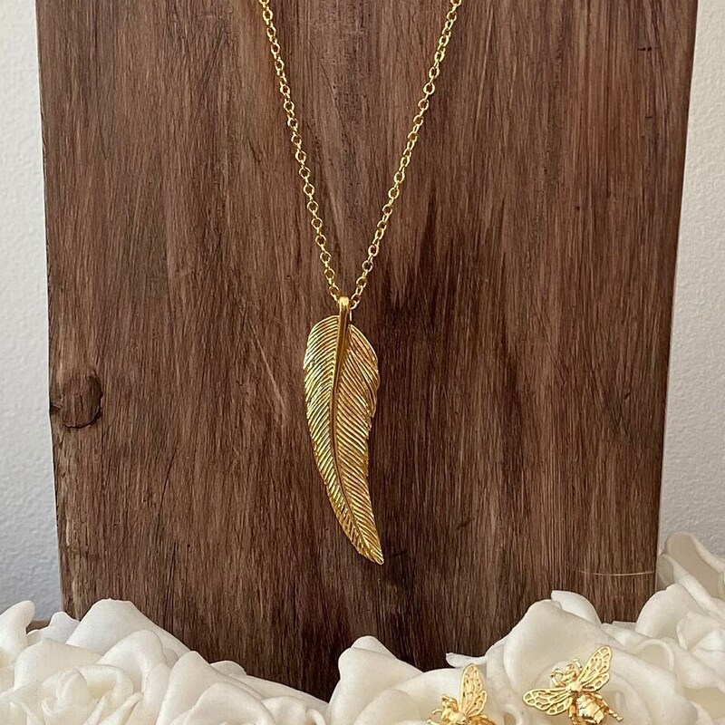 Long Gold Feather Charm - Etsy UK