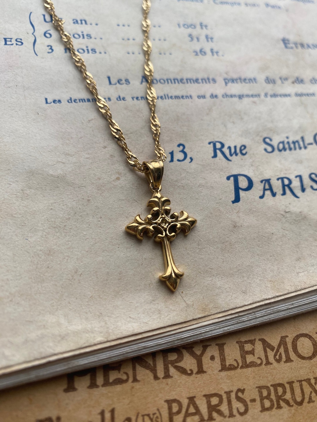 Gold Gothic Cross Necklace – 18k PVD Plated Vintage Cross Charm on Rope ...