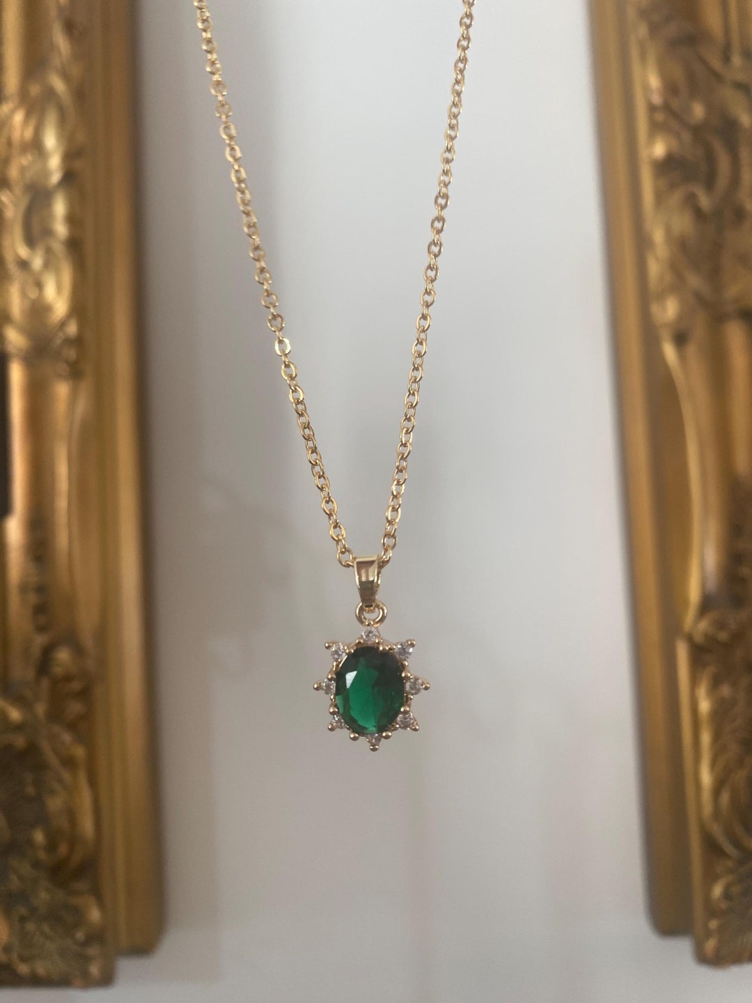 Emerald Green & Crystal Oval Jewel Necklace - Etsy